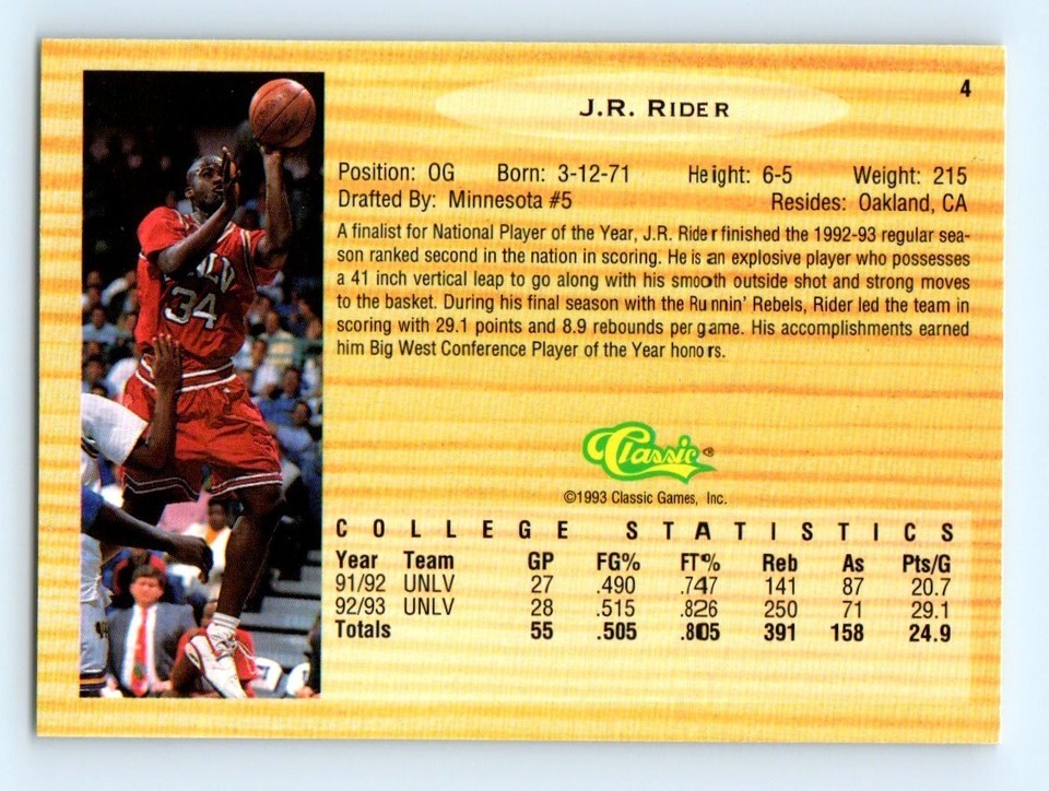 1993-94 Classic Draft Picks J.R. Rider UNLV Runnin' Rebels/Minnesota | eBay