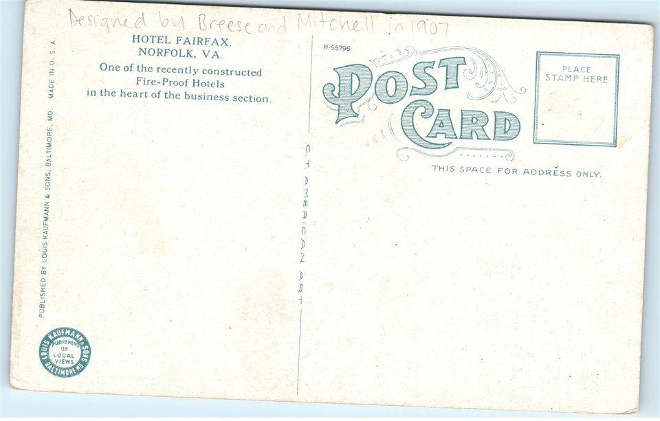 Norfolk VA Hotel Fairfax Designed by Breese and Mitchell 1907 Postcard ...