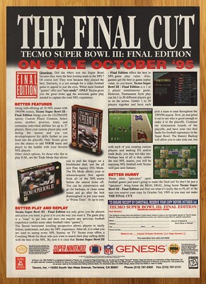 1995 Tecmo Superbowl III 3 Final Cut SNES Vintage Print Ad/Poster Video ...