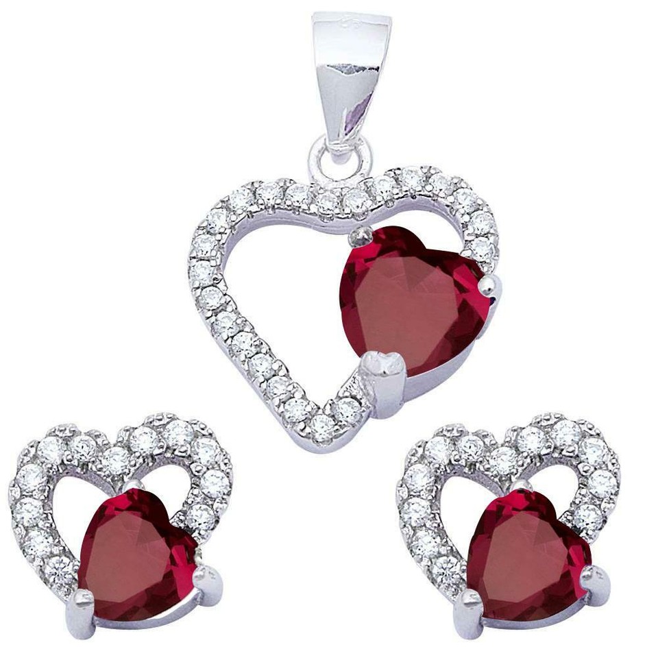 Ruby Cubic Zirconia Heart .925 Sterling Silver Pendant & Earrings Set ...