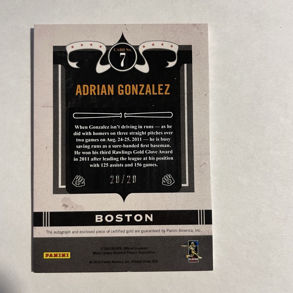 2011-2012 Limited Rawlings Gold Gloves Adrian Gonzalez #7 Auto /20 ...