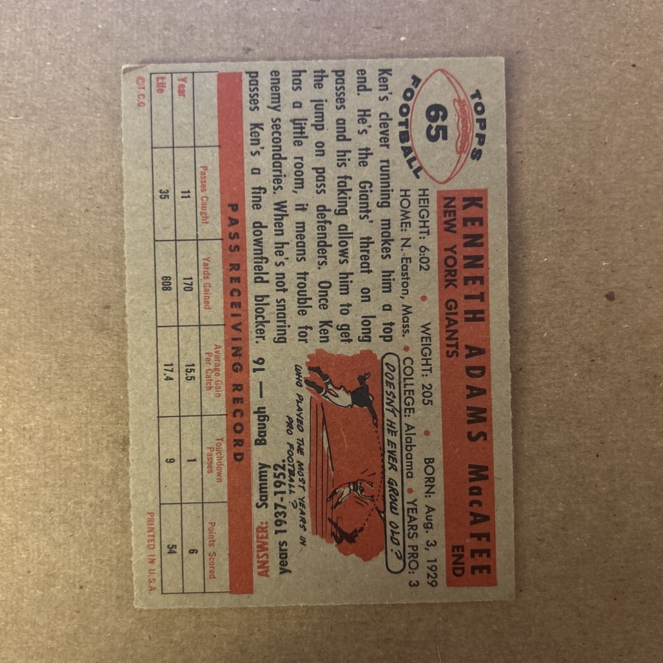 1956 Topps Football Ken MacAfee New York Giants Card #65 | eBay