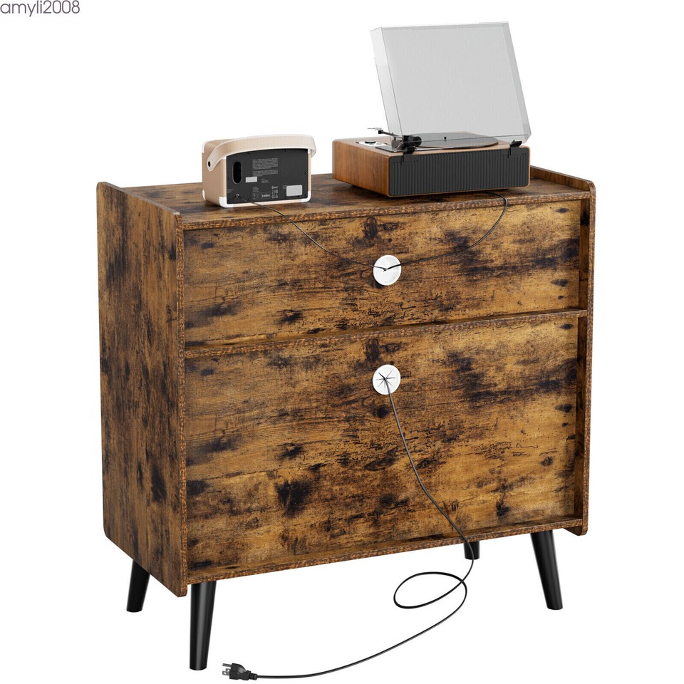 CD Record Player Stand Album Storage Cabinet Turntable Table with Power ...