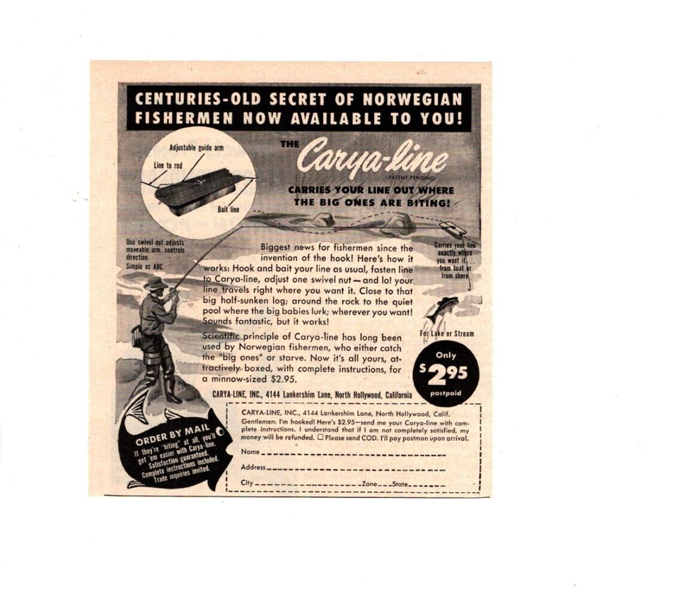 1949 CARYA-LINE FISHING TACKLE AD , VTG FISHING GEAR PRINT AD | eBay
