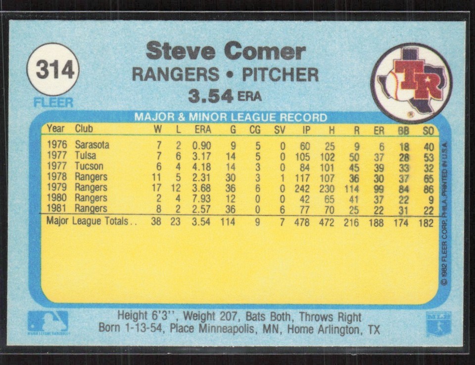 1982 Fleer #314 Steve Comer Texas Rangers | eBay