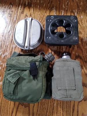 VINTAGE MILITARY CAMPING GEAR MESS KIT STERNO STOVE TWO CANTEENS | eBay