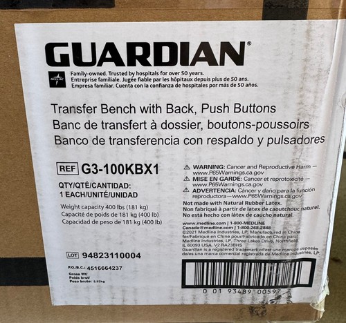 Medline Guardian Transfer Bench G3-100KBX-1 & Back - Shower / Bath Seat ...