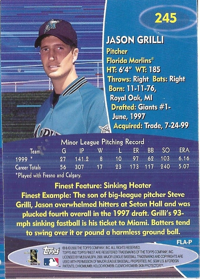 2000 Topps Finest Jason Grilli 245 Rookie Florida Marlins No Protector ...