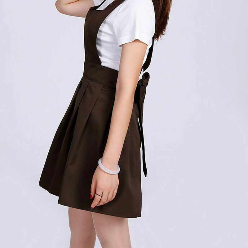 Lady Bib Apron Solid Pocketed Pleated Waitress Uniform Home Workwear ...