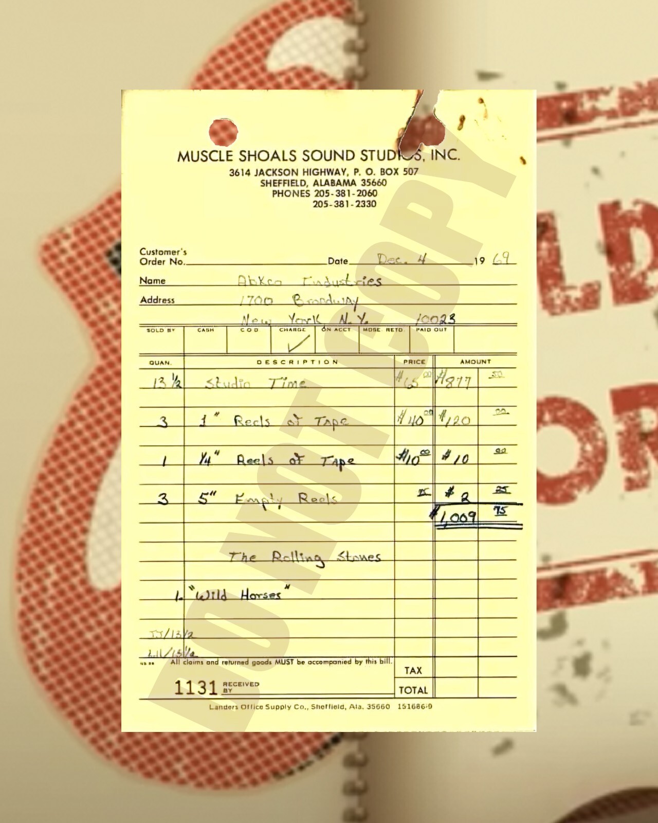 1969 Rolling Stones Receipt Muscle Shoals Sounds Studios Wild Horses ...