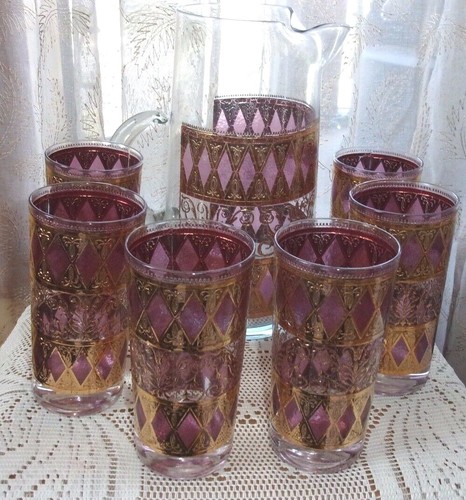 West Virginia glass pink cranberry gold Rainier decanter glassware set ...