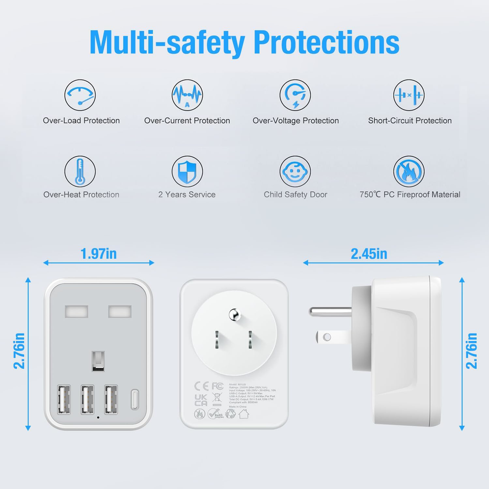 UK to US Plug Travel Adapter, USA Travel Adapter with 4 USB Ports 1 USB ...