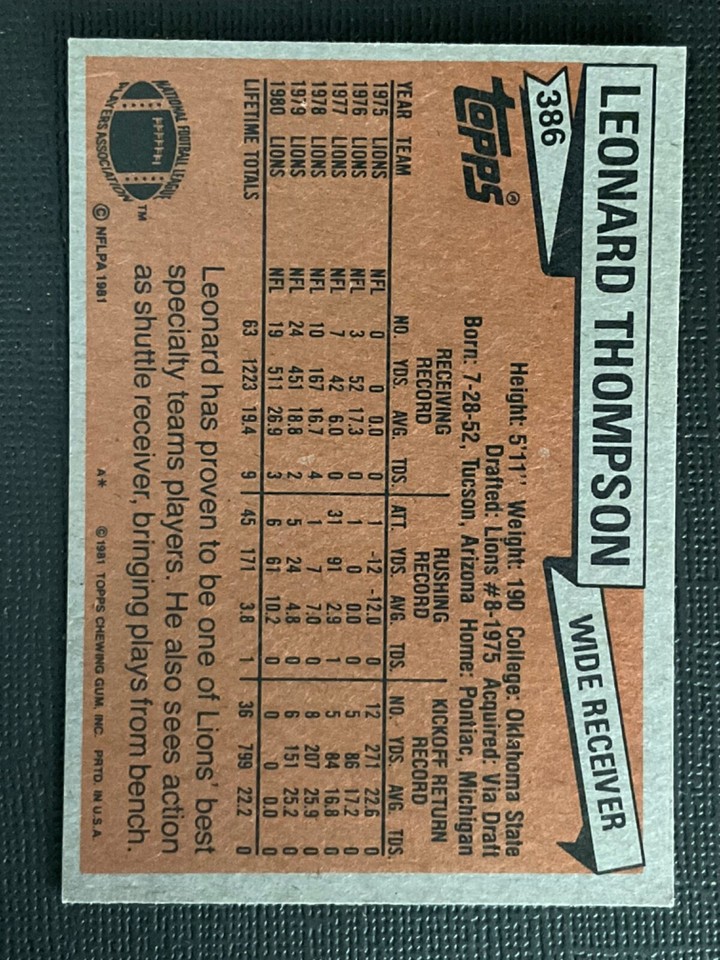 Leonard Thompson 1981 Topps Football Card #386 Detroit Lions Wide ...