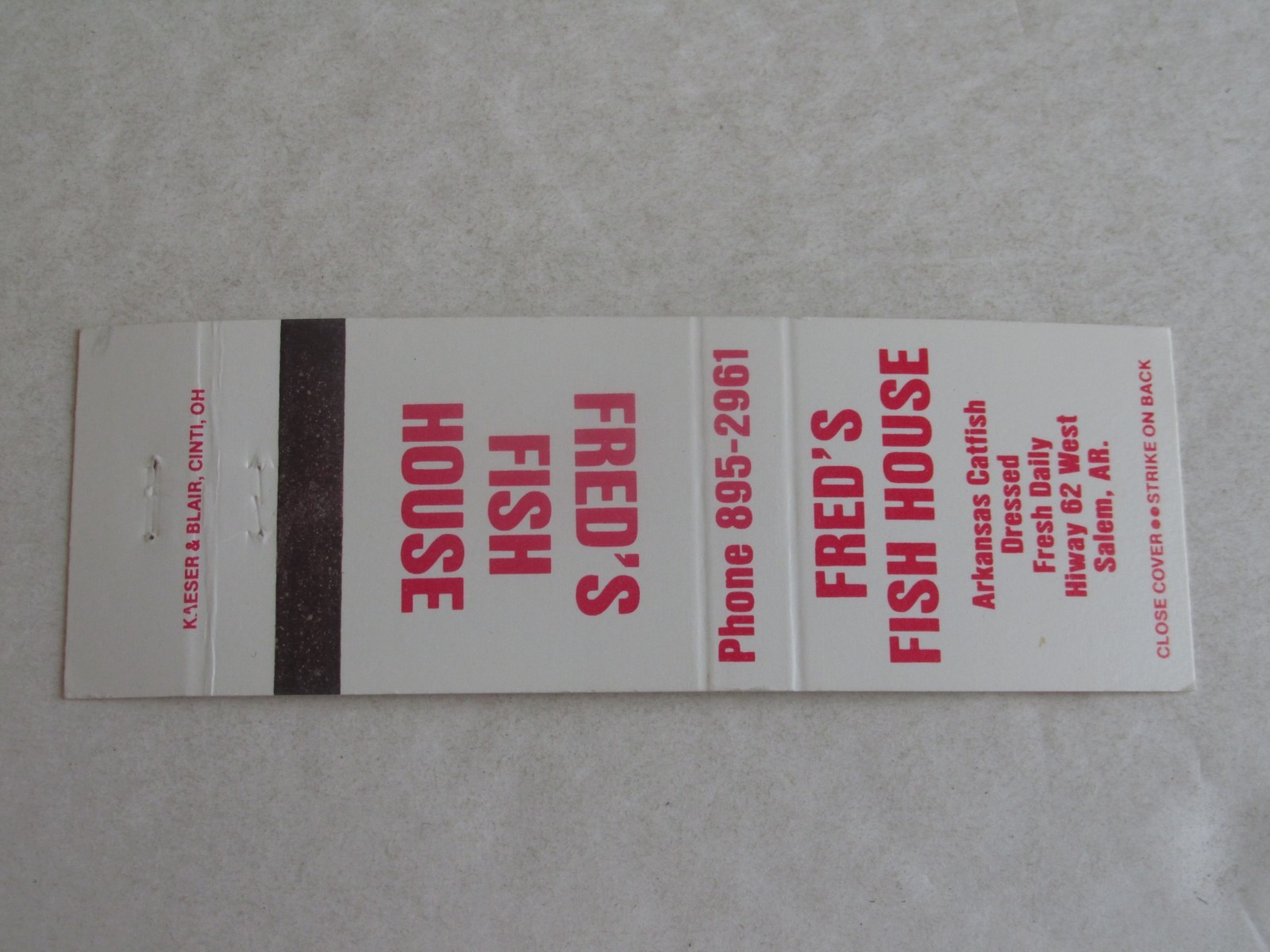 V68 Vintage Matchbook Cover Fred's Fish House Salem AR Arkansas | eBay