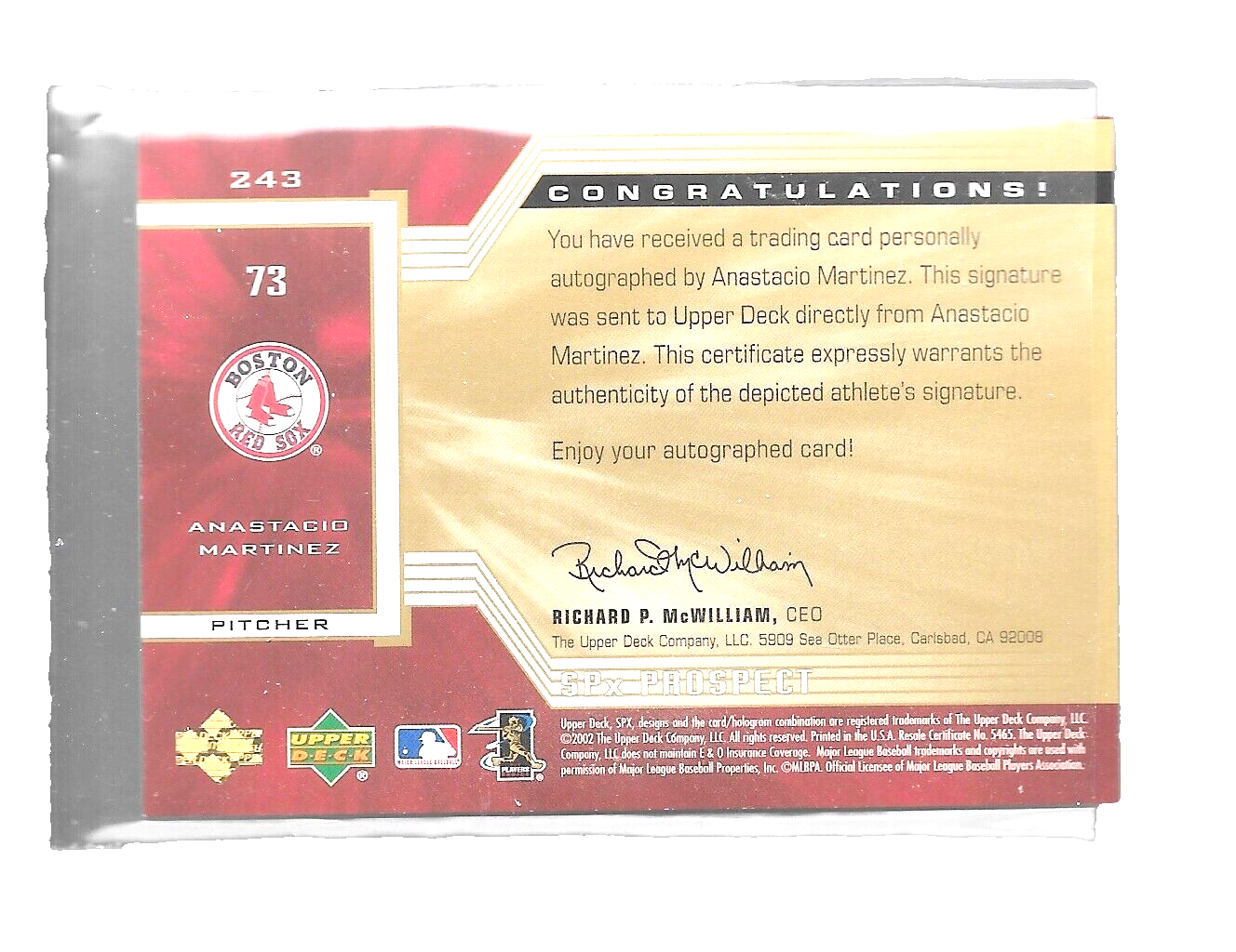 2002 SPX Prospect Anastacio Martinez 243 556/825 Rookie Boston Red Sox ...