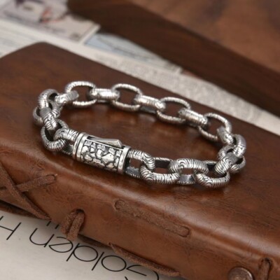 Solid 925 Sterling Silver Mens Heavy Patterned Chain Buckle Cuff ...