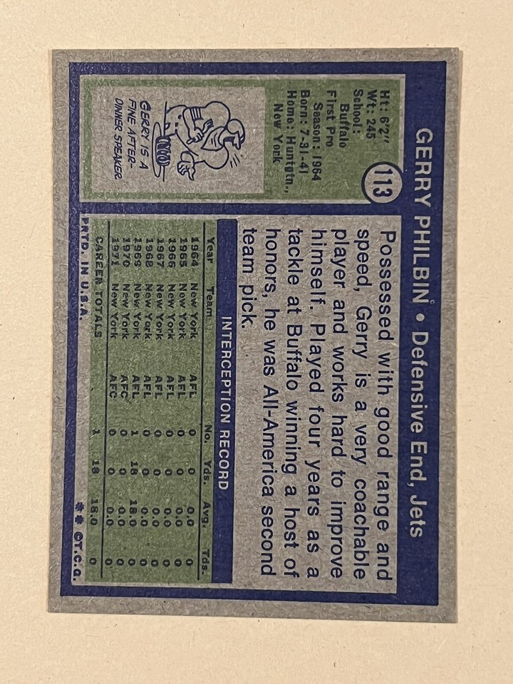 Gerry Philbin 1972 Topps Football Card #113 Vintage New York Jets FREE ...