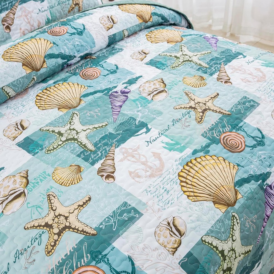 3 Pieces Quilt Set Full Coastal Beach Pattern Quilt Coverlet Set Nautical | eBay