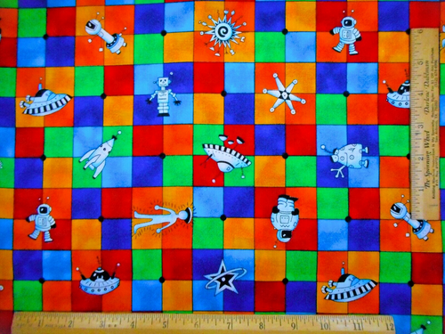 Childrens Fabric By Yard UFO Aliens Outer Space Spaceships on Checks ...