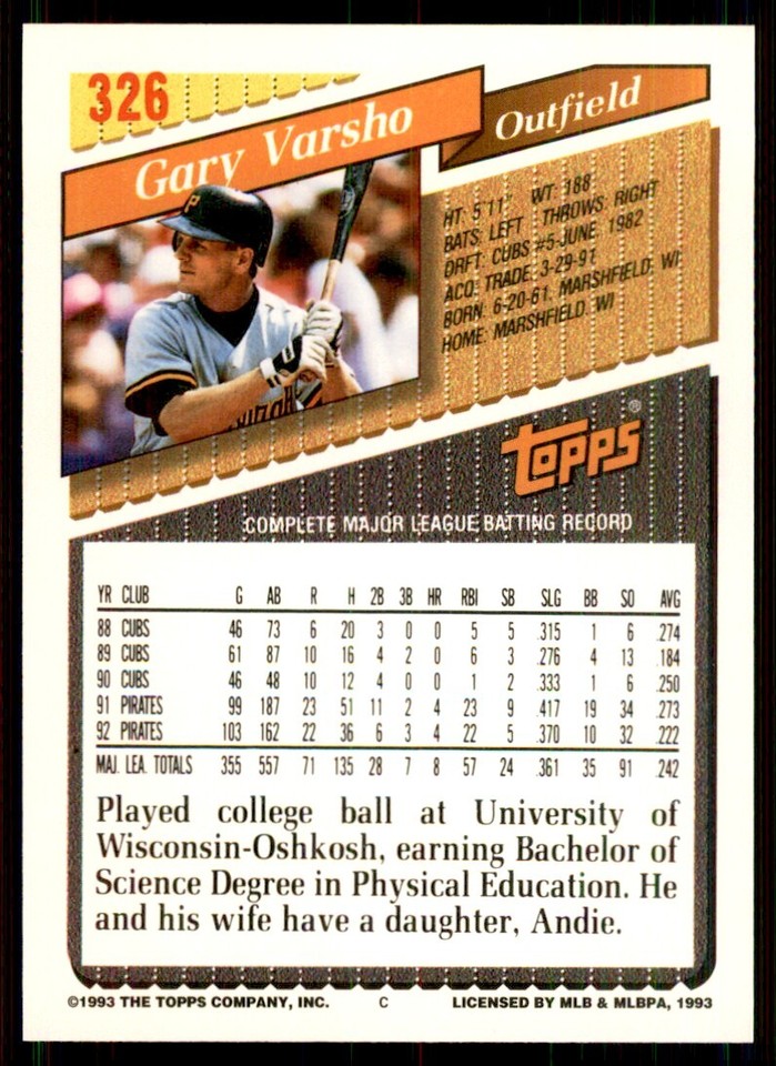 1993 Topps Gary Varsho Baseball Cards #326 | eBay
