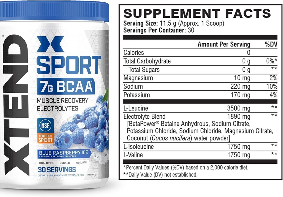 XTEND Sport BCAA Powder Blue Raspberry Ice - Electrolyte Powder for ...