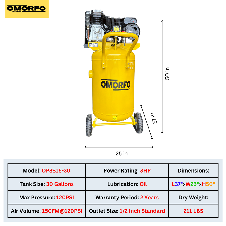 Omorfo Industrial 3HP, 30 Gallon, 15CFM Portable, Vertical Compressor ...