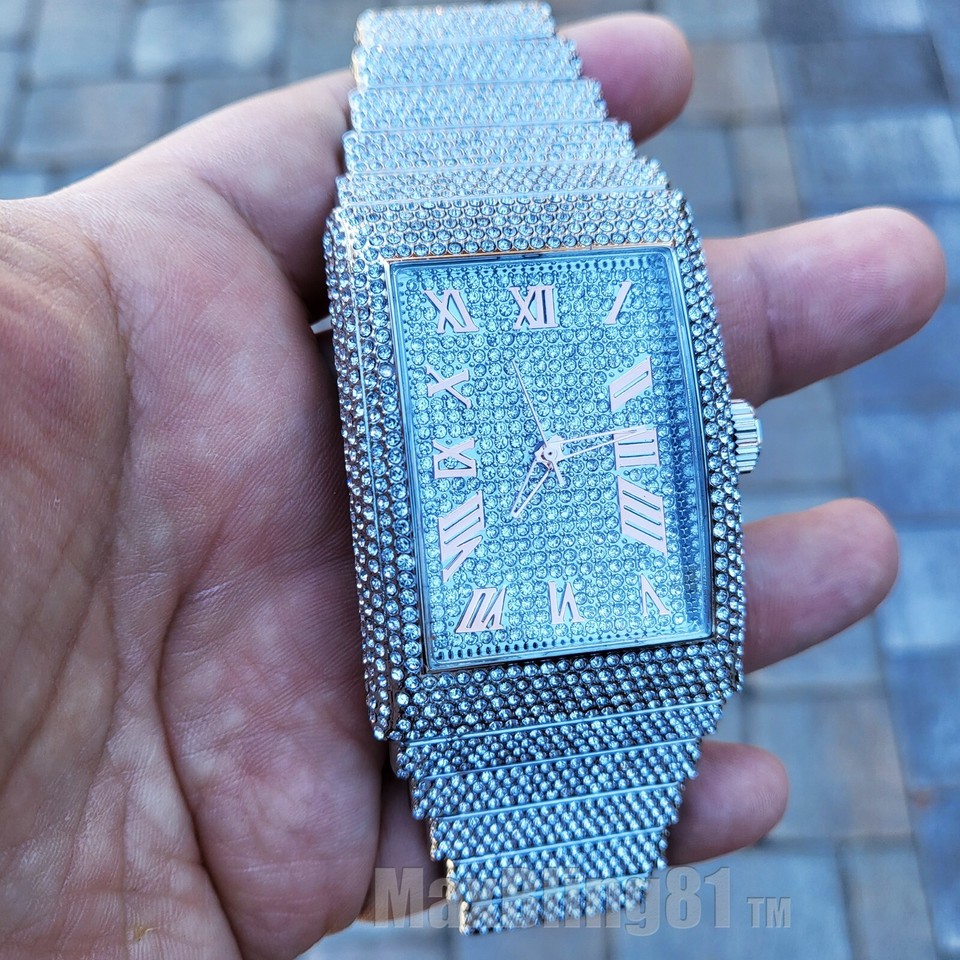 Hip Hop Watch Men Full Iced Band Silver Luxury Bling Simulated Diamond ...