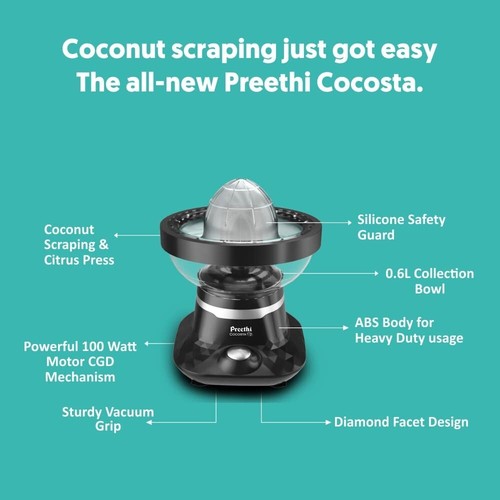 Preethi Cocosta Kp001 Coconut Scraper&Citrus Juicer,100% Safe Dual ...
