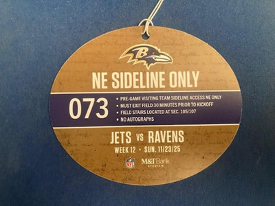 NEW YORK JETS BALTIMORE RAVENS 11/23/25 SIDELINE PASS TICKET RARE LAMAR ...