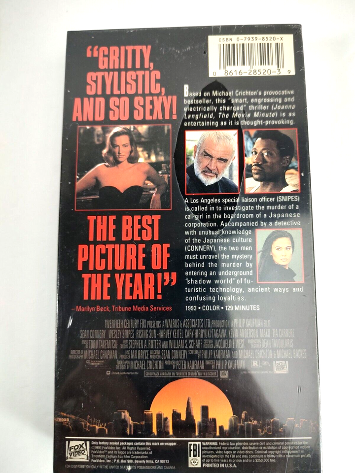 Rising Sun Movie VHS 1993 Sean Connery, Wesley Snipes Action Film ...