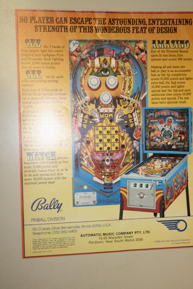 BALLY Mystic pinball flyer brochure pamphlet BRAND NEW. Year 1980. | eBay