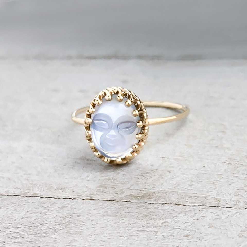 14k Gold Antique Ceylon Blue Moonstone Carved Moon Face Gold Ring, Size ...