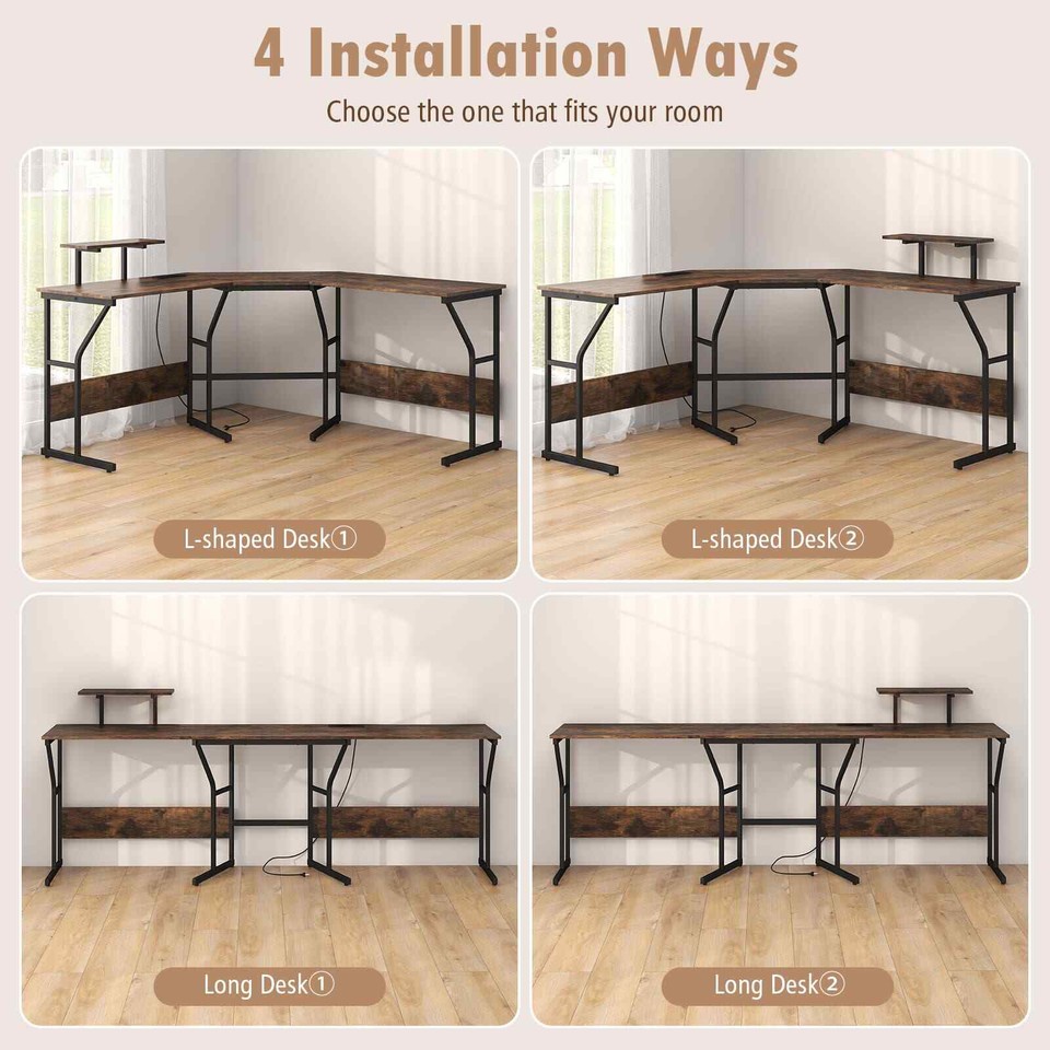225cm Long 2-Person Corner Computer Workstation L-shaped Desk-Coffee ...