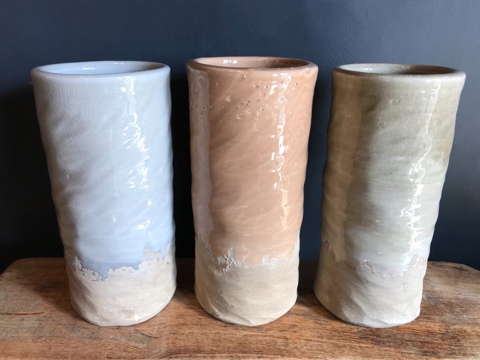 1 x Rustic Clay Cylinder Vase in Olive Green, Beige or Blue/Grey Dipped ...