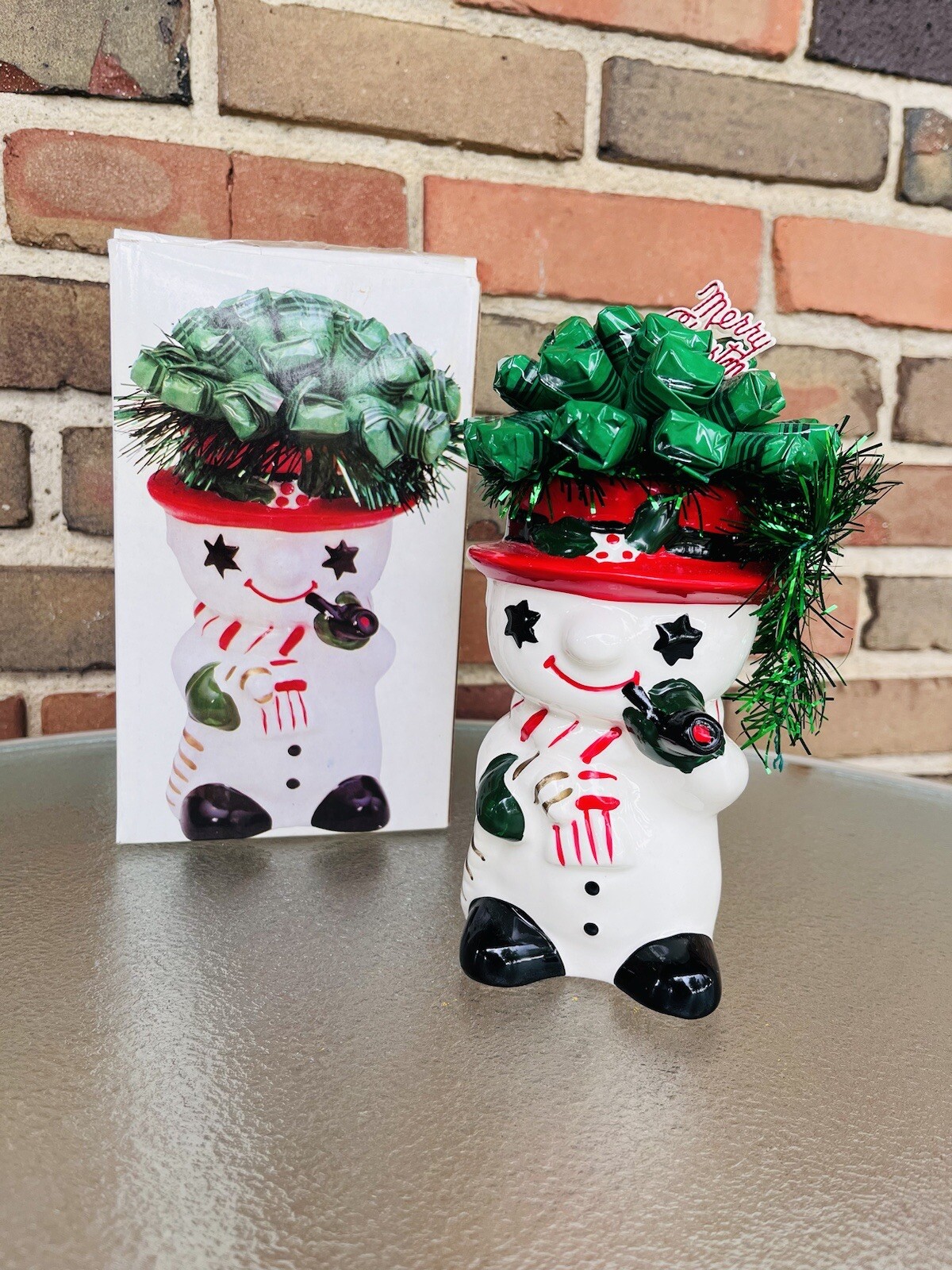 Vtg Retro Ceramic Christmas Snowman Atomic Star Eyes Candy Cane Planter ...
