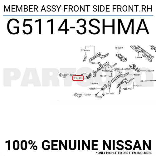 G51143SHMA Genuine Nissan MEMBER ASSY-FRONT SIDE FRONT.RH G5114-3SHMA ...