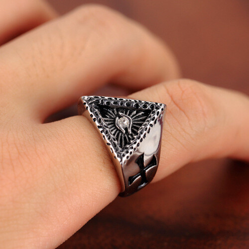 Pyramid All Seeing Eye Ring Stainless Steel Men Masonic Cross God Eye ...