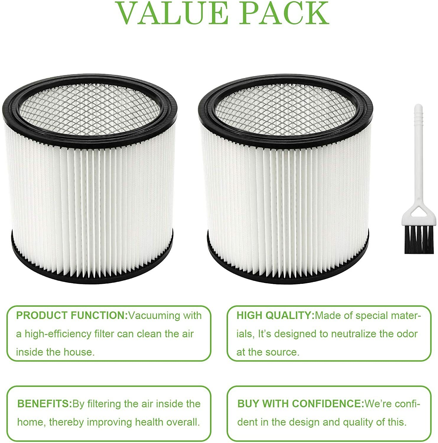 2 Pack 90304 Cartridge Filter for Shop Vac 90350 90333 Fit most Wet/Dry ...