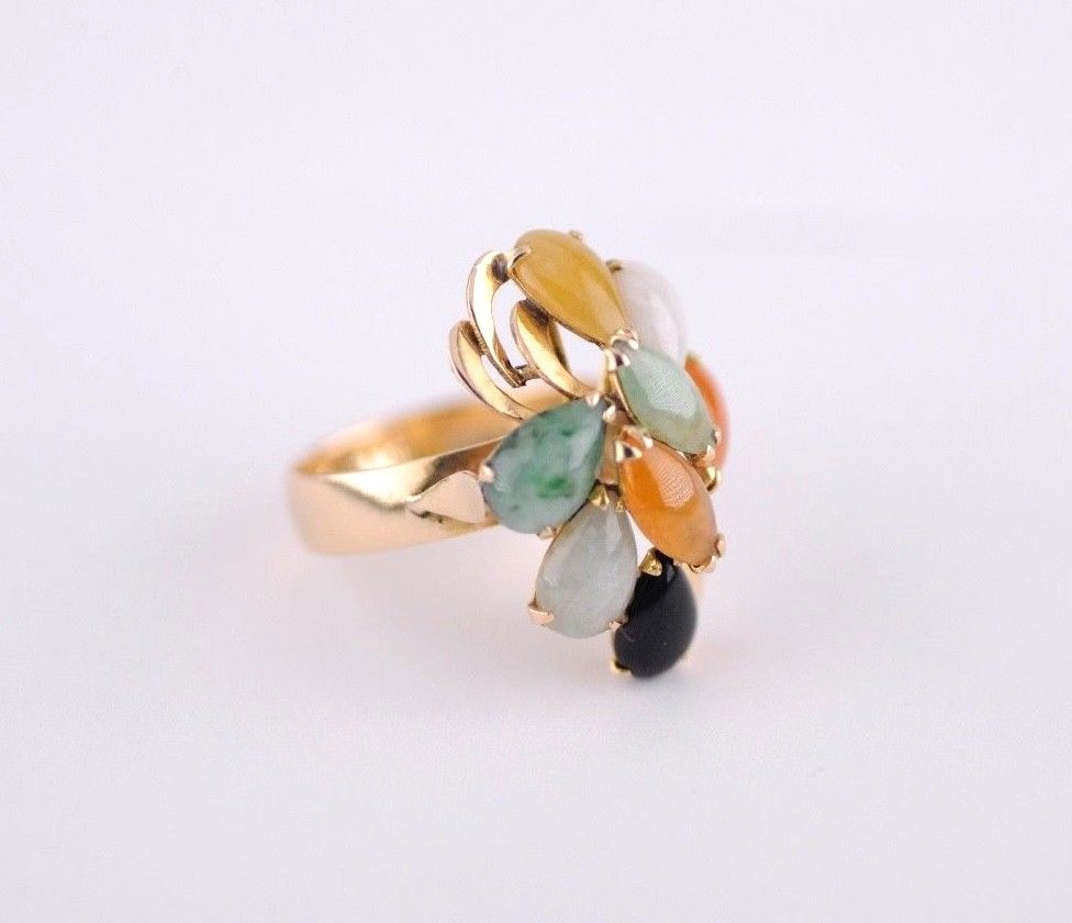 vintage solid 14k Yellow Gold Multi color Jade Jadeite Cocktail Ring ...