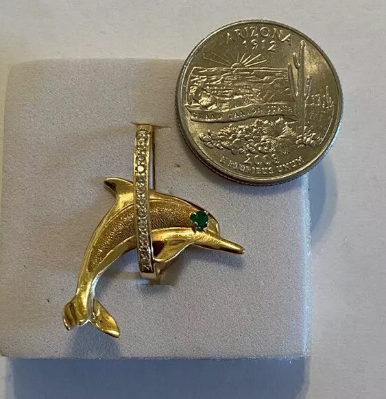 14k Yellow Gold DAVID WELTY Emerald Eye and Diamond Dolphin Pendant ...