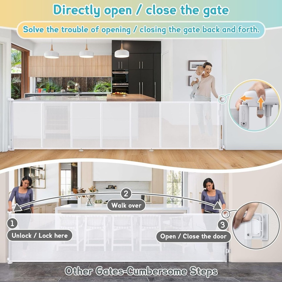 140 Inches Reinforced Retractable Baby Gates Extra Wide (140'' x 34 ...