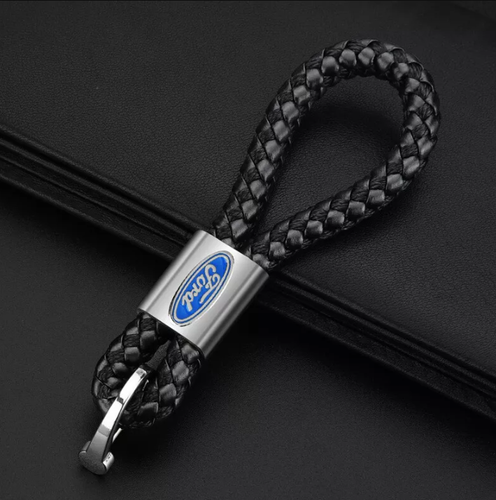 Black Leather Braided Keychain Strap Metal Emblem Key Chain Key Ring ...