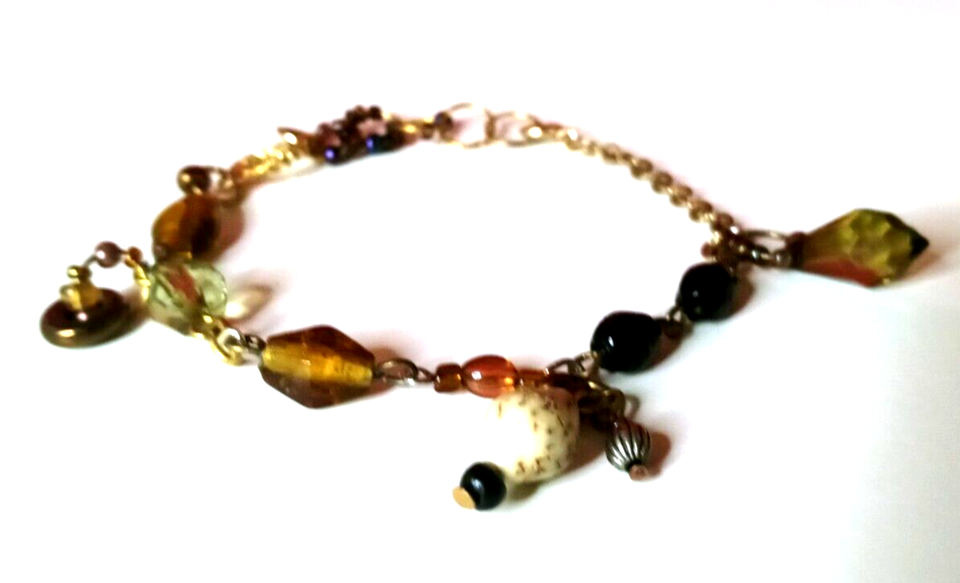 NEW BROZNE GOLD SILVER BROWN GREEN BEADED CHAIN CHARM BRACELET JEWELRY ...