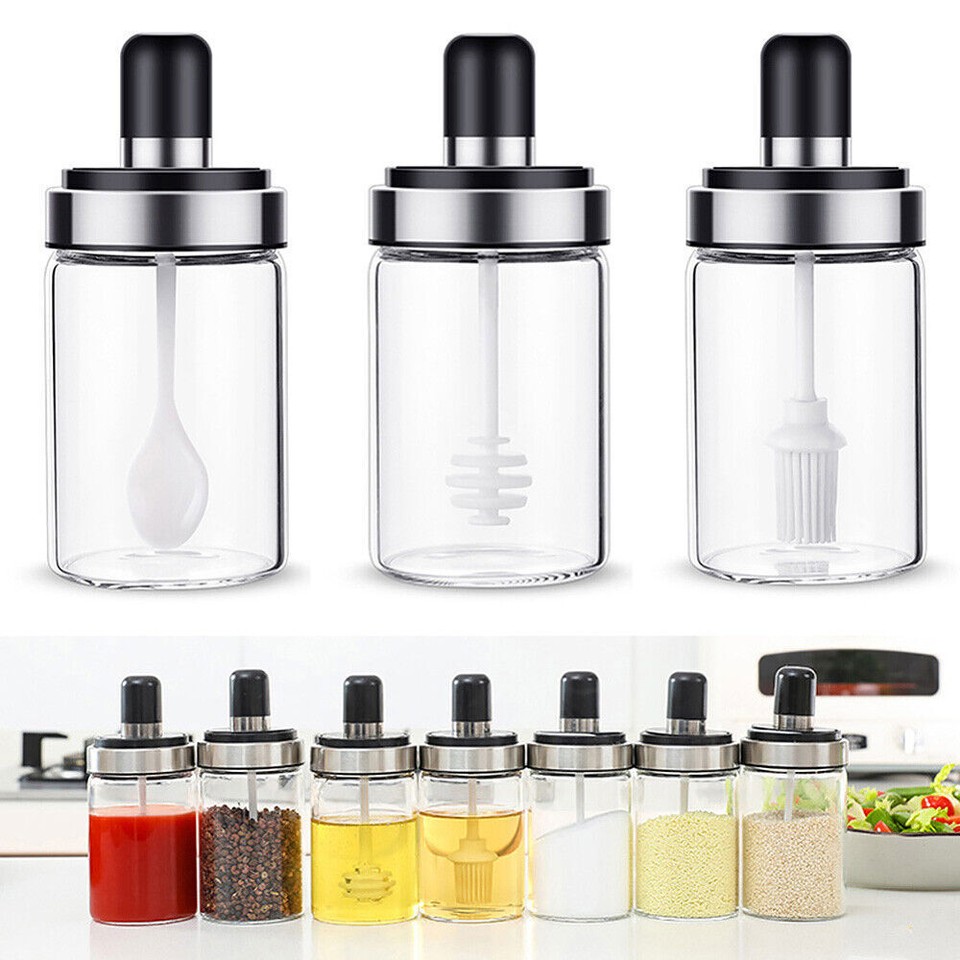 Glass Spice Jars Seasoning Box Condiment Jar With Lids Spoon Kitchen ...