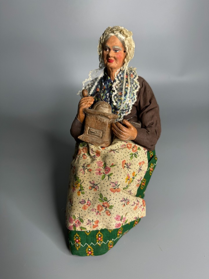 French vintage clay Santon doll coffee grinder old lady sitting on ...