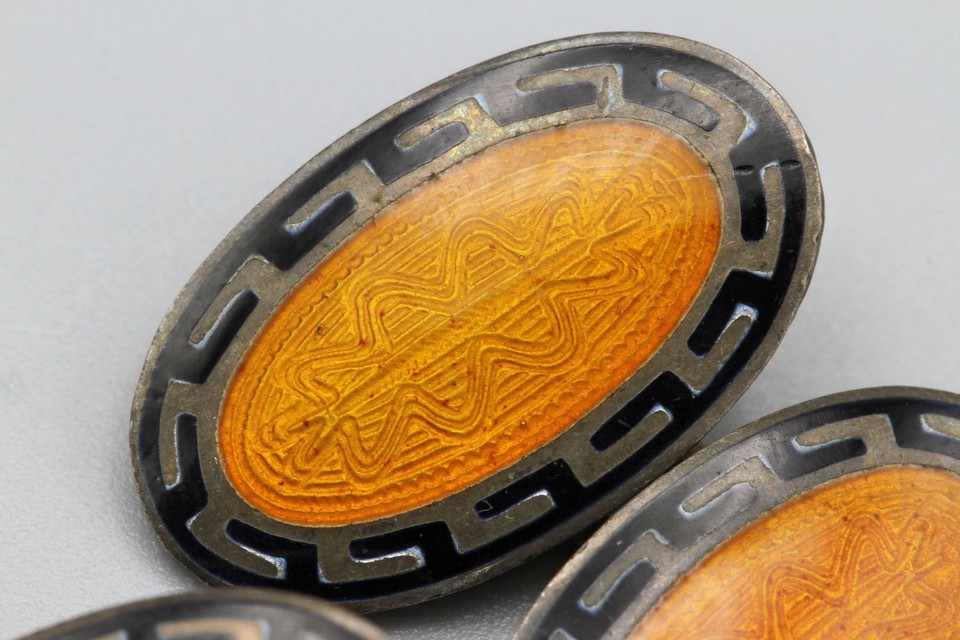 RARE Sterling Silver Orange Guilloche Enamel Cufflinks, Antique Art ...