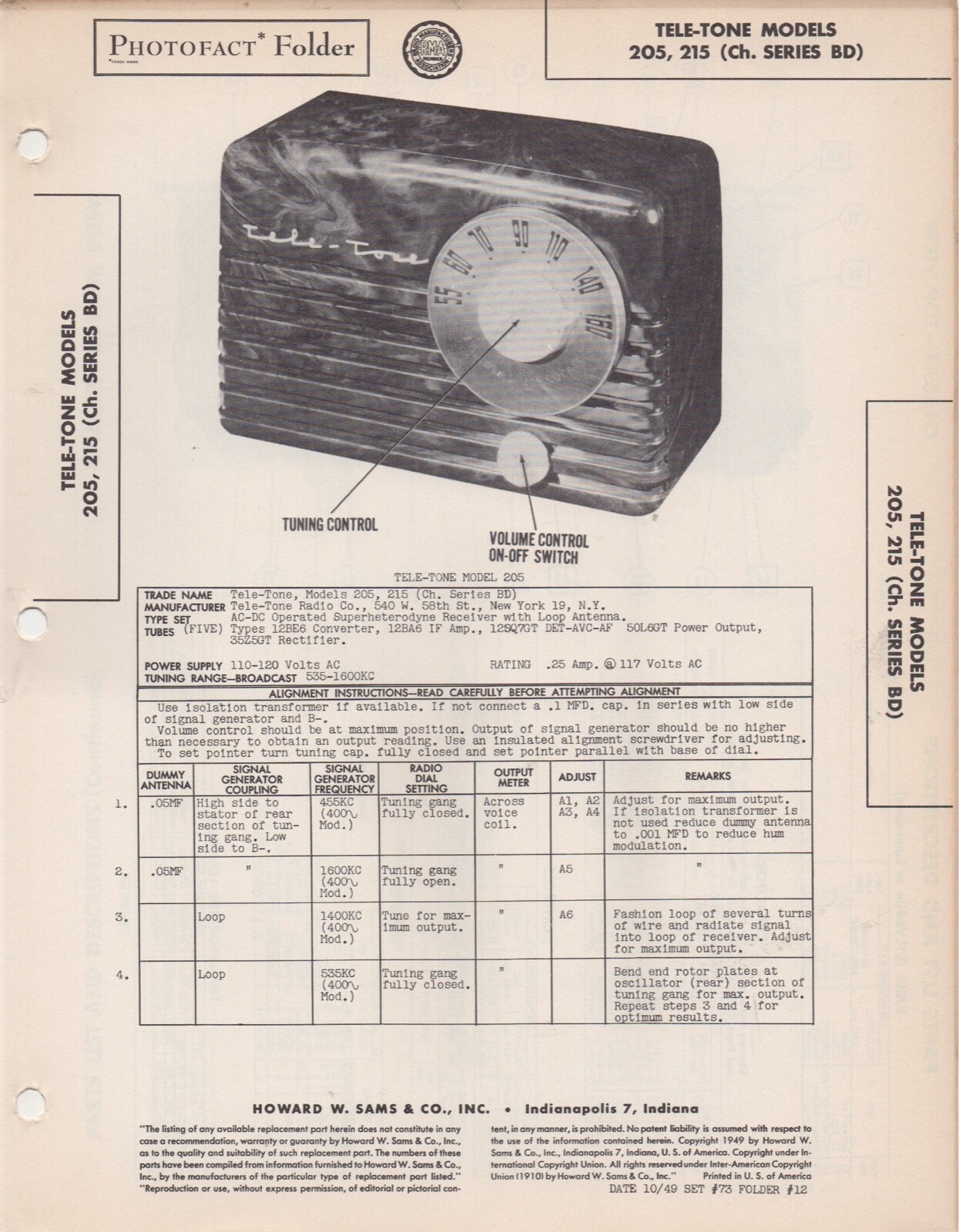 1949 TELE-TONE 205 RADIO SERVICE MANUAL SCHEMATIC 215 photofact SERIES ...