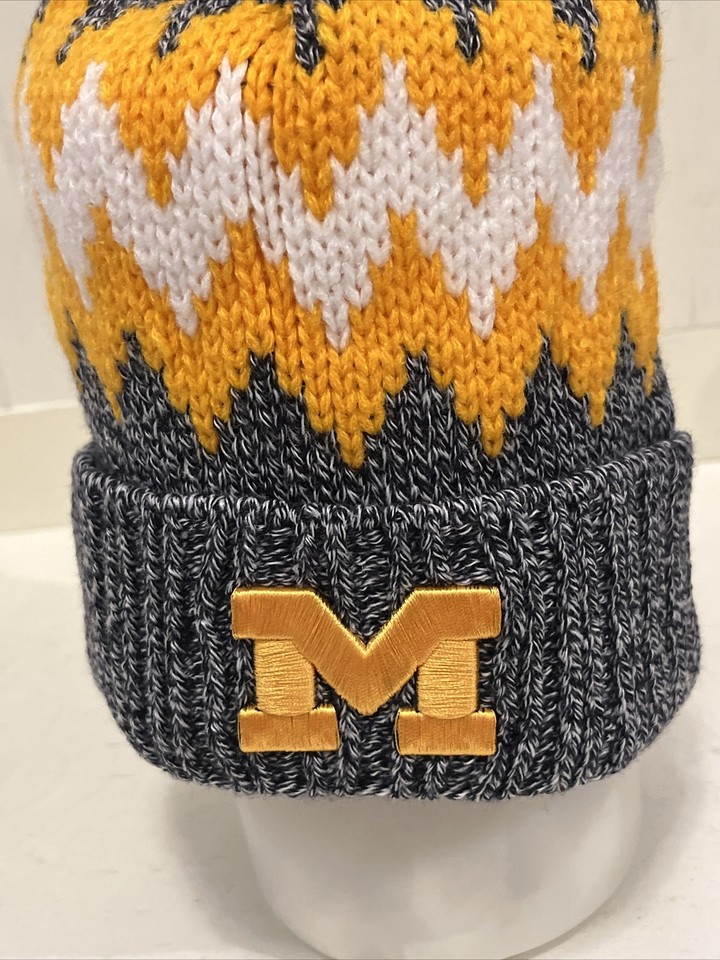 University of Michigan Wolverines Beanie Cap Pom Gray Yellow Knitted by ...