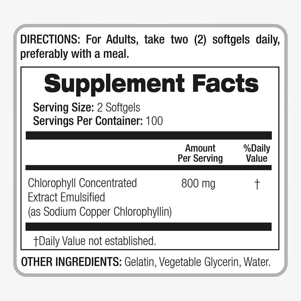 Lab - Chlorophyll - pure - 800 mg per serving- 200 Softgels ...