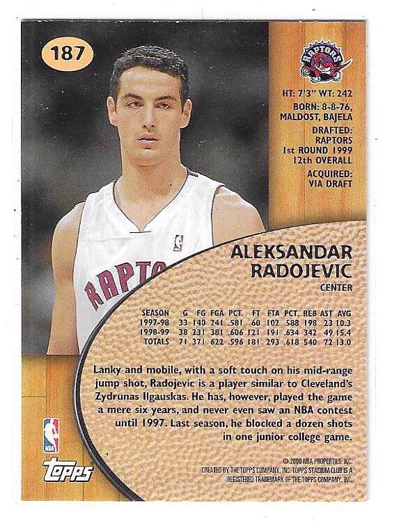1999-00 STADIUM CLUB ALEKSANDAR RADOJEVIC DRAFT PICK RC #187 TORONTO ...